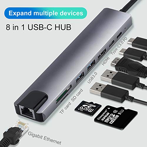 Baile USB C Hub Type c Hub Adapter, 8 in 1 with Ethernet, 4K HDMI,USB 3.02, 87W PD, USB-C Data Port and SD/TF Docking Station Compatible with MacBook and Other USB-C Laptops