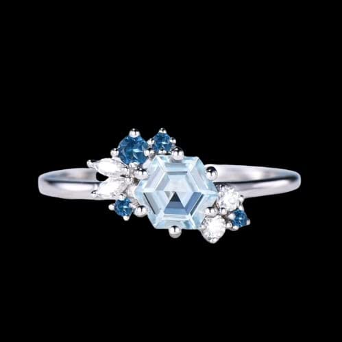 14k Solid Gold Hexagon Cut Aquamarine Ring For Women Hexagon Cluster Natural Blue Gemstone Ring With London Blue Topaz March Birthstone Ring (WHITE GOLD, 6)