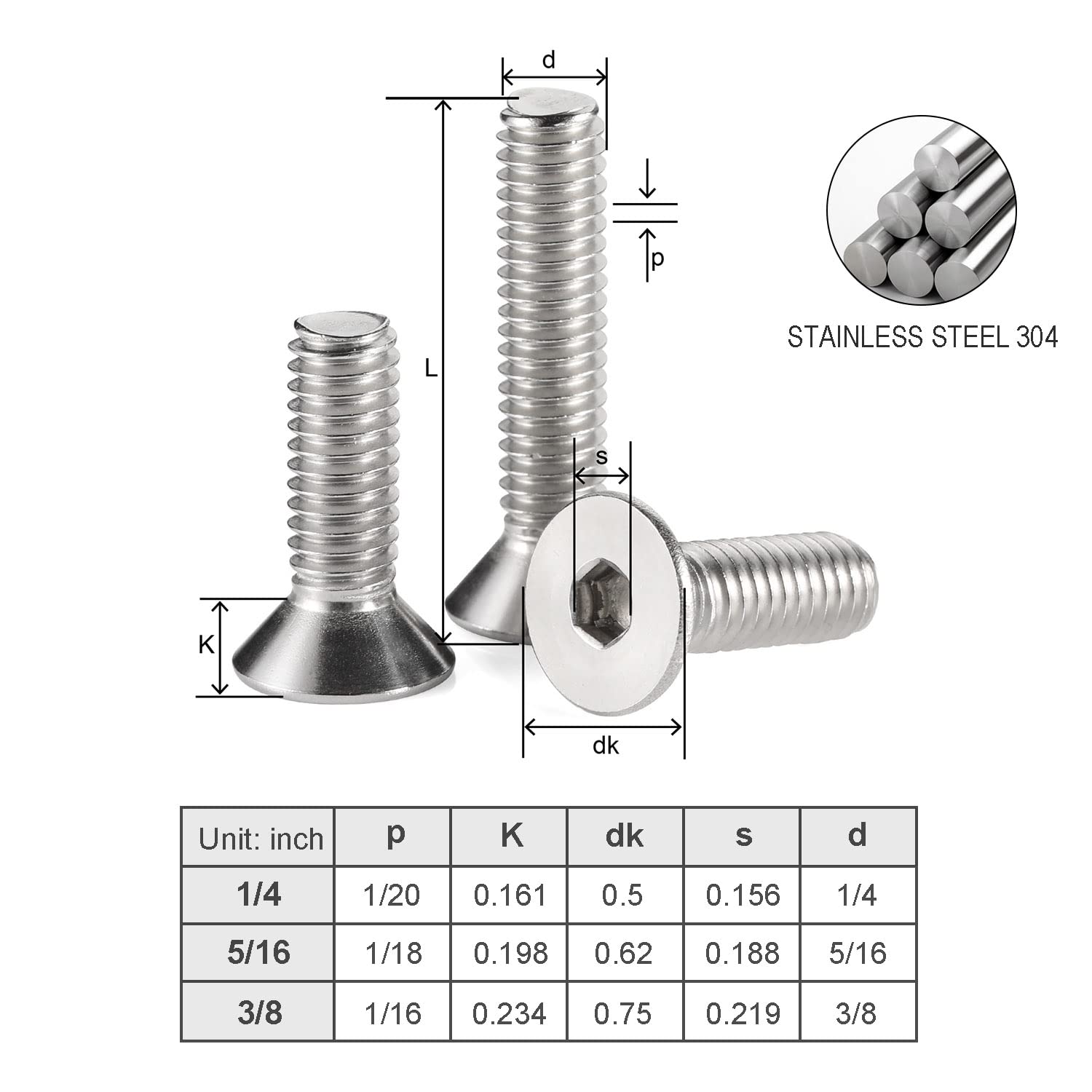 3/8-16 x 1-1/4" Flat Head Socket Cap Screw, Allen Socket Drive Full Thread Screw Bolts, Stainless Steel 304(16-8), Bright Finish, Quantity 10