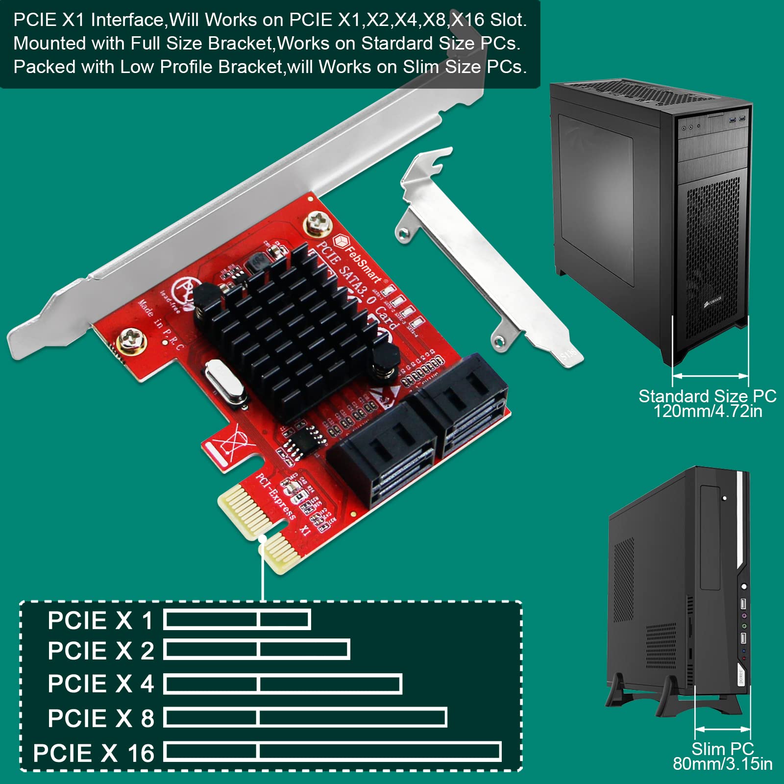 FebSmart PCIE 3.0 to 4-Ports 6Gbps SATA III Expansion Card for Desktop PCs, ASMedia ASM1064 None-Raid PCIE 3.0 SATA III Host Controller, Plug and Play on Windows OS, MAC OS, Linux System (FS-S4-Pro)