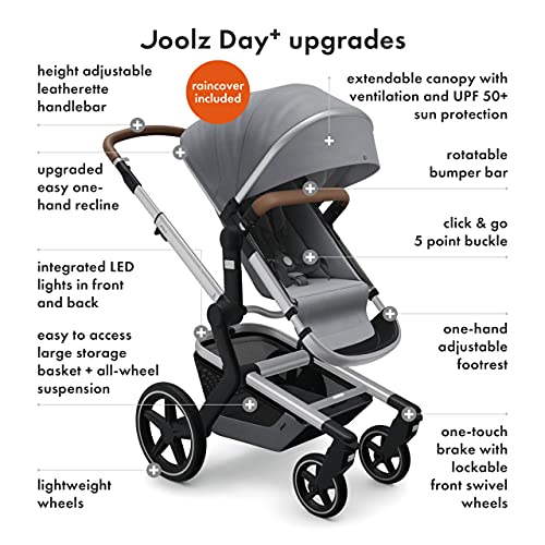 Joolz Day+ Stroller for Babies from Birth to Toddlers 6 Month+ (up to 50lbs) Complete Set: Cot & Seat (incl. Raincover) One-Hand Compact Fold - Reversible Parent Facing Stroller Seat - Gorgeous Grey