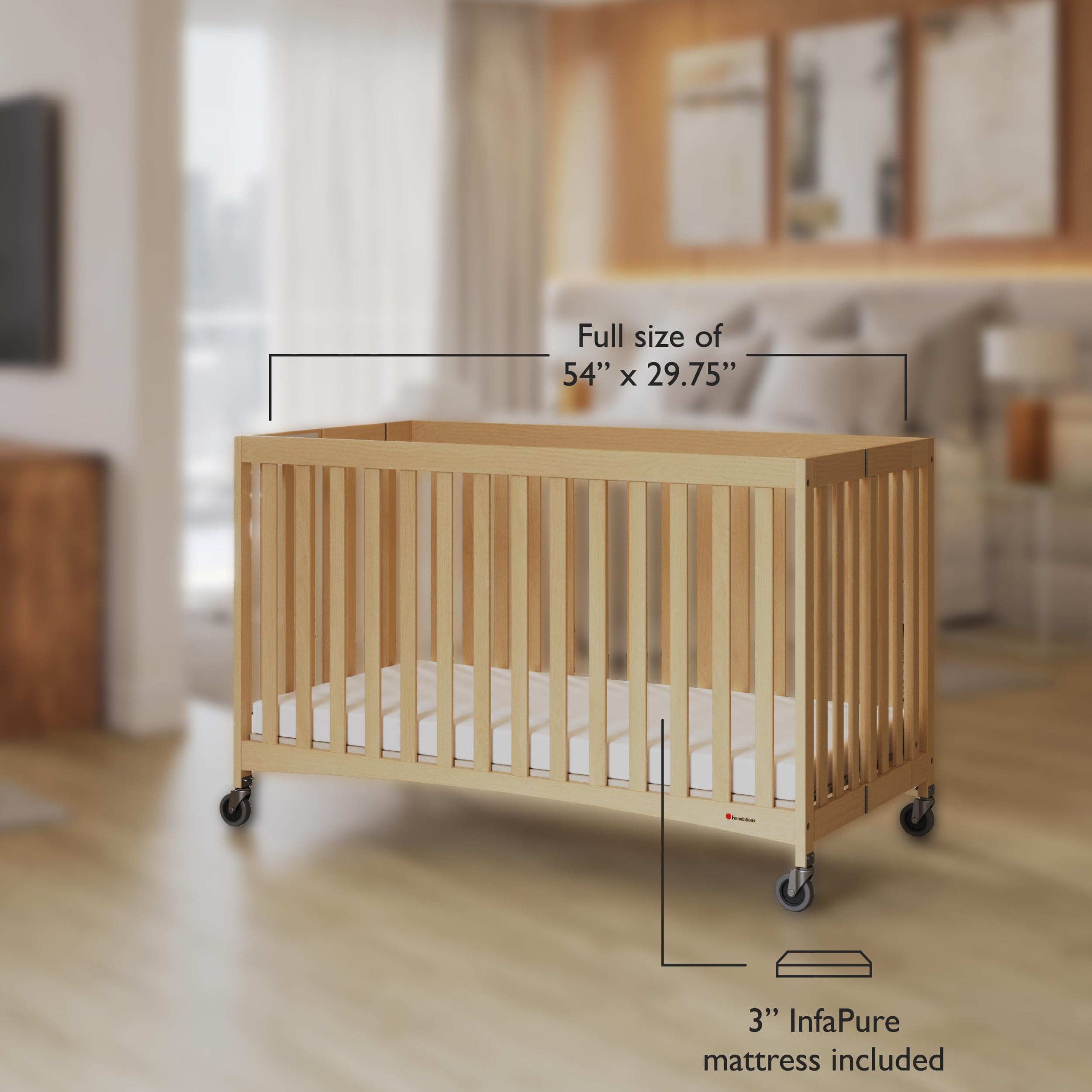 Foundations Travel Sleeper Full-Size Wooden Folding Crib, Portable Baby Crib with 3” InfaPure Foam Crib Mattress and Commercial Grade Casters, Hotel Crib (Natural)