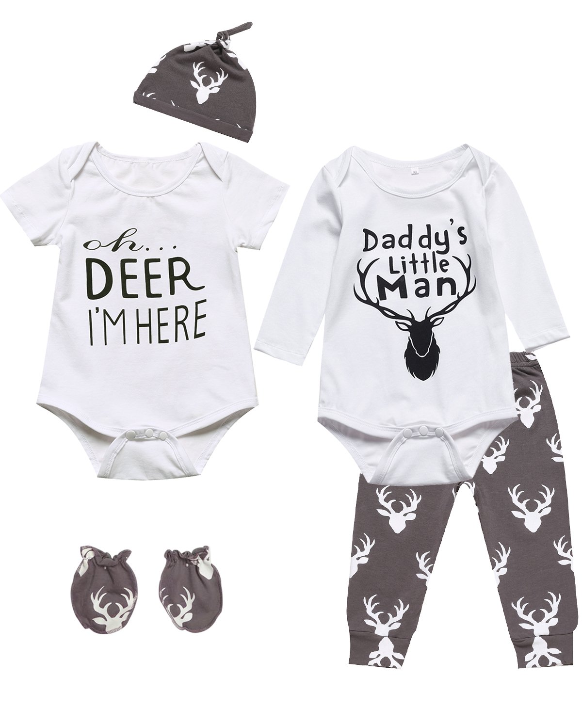 bakjuno Baby Boy Deer Theme Outfit Newborn Boy Oh Deer I'm Here Clothes Daddy' Little Man Shower Infant Hunting Romper Pants Set (0-3 Months, White03)