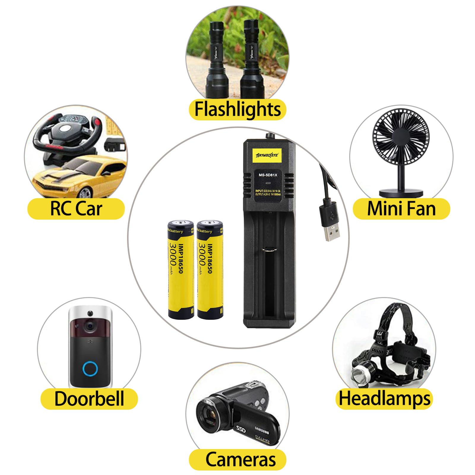 18650 Battery Charger for 3.7V 3000mAh Lithium-ion Button Top Rechargeable Battery,Smart Charger with Micro USB Charging Cable for Flashlight/Headlamp/Doorbell battery