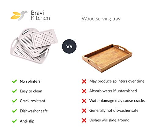 Bravi Kitchen 3PC Anti-Slip Food Serving Tray with Handles 17.9" + 15.7" + 13" Dinner Trays for Lap + Small Drink Tray | Breakfast Tray | Bed Tray | Food Tray | Lap Trays for Eating | Serving Trays
