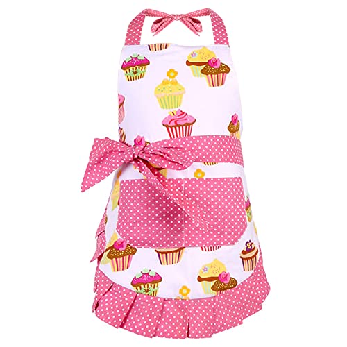 Cotton Aprons for 2-5 years Kid Girls, Cupcake Pattern Apron for Children, Great for Daughters Litter Girls (Pink)