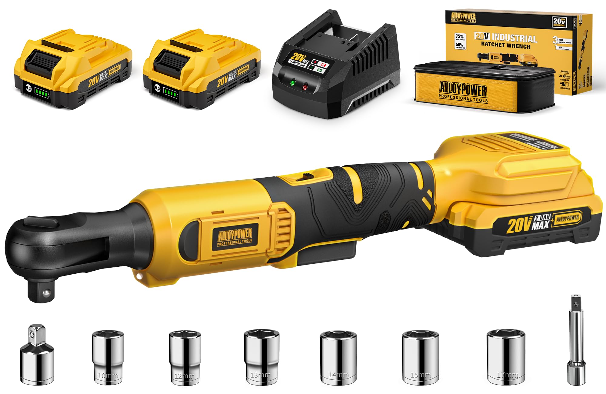 3/8" Cordless Ratchet Wrench Set, 60FT-LBS(80N.m) Electric Ratchet, 2 X 20V Chargeable Power Ratchet Wrench with Variable Speed, LED Light, 6 Sockets, 1/4" Adapter, 3" Extension Rod
