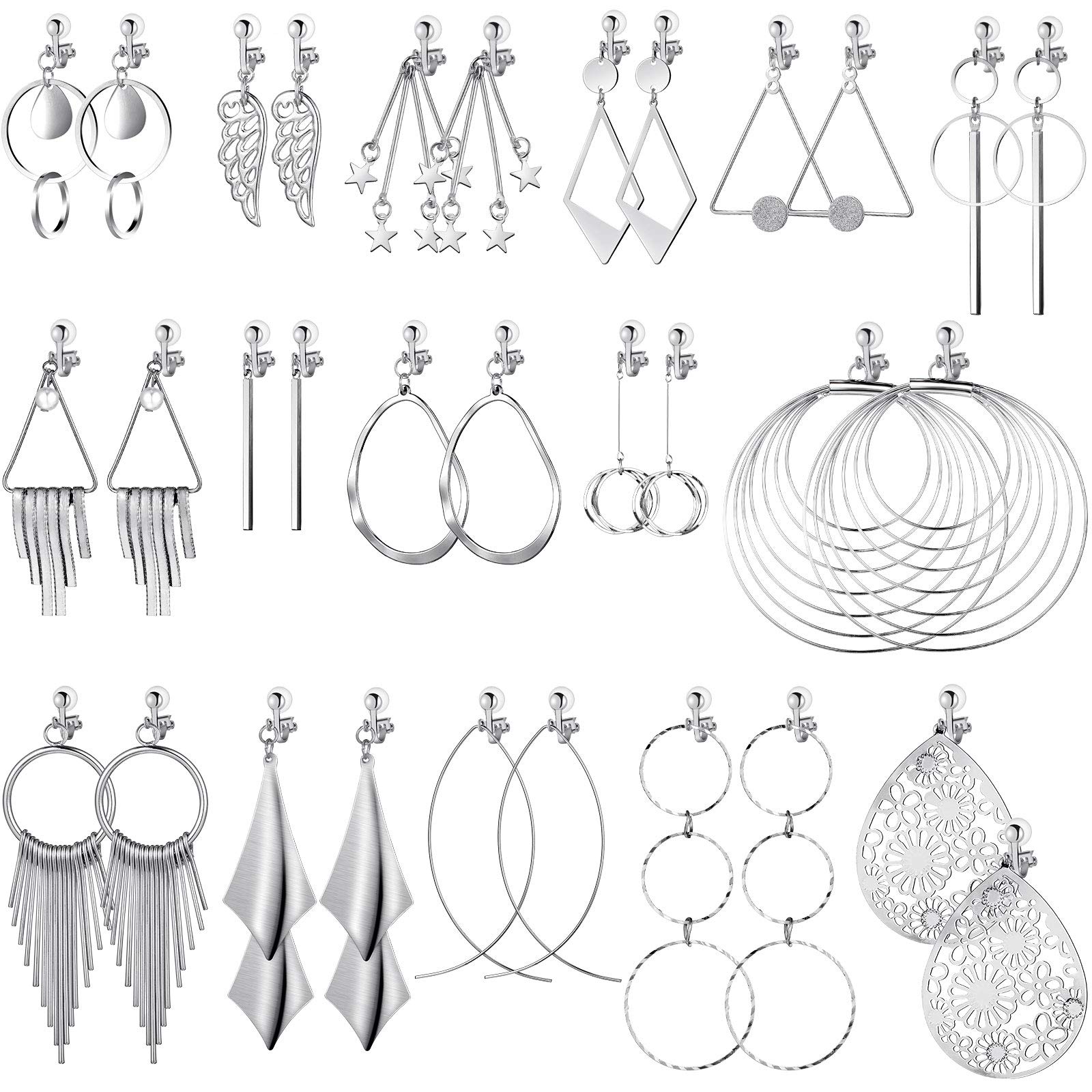 16 Pairs Clip on Earrings Jewelry Set Clip on Bohemian Earrings Clip on Hoop Dangle Drop Earrings Tassel Statement Clip-on Earrings Non Piercing Earrings for Women (Silver)