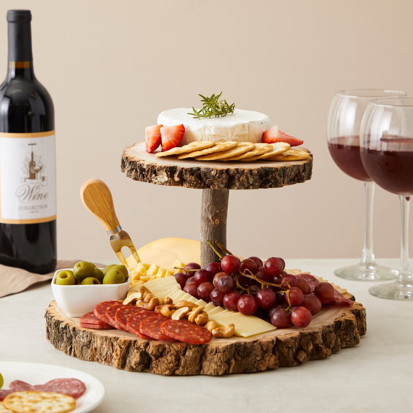 2-Tiered Rustic Wood Cake Stand for Cupcakes, Desserts, Tree Stump Server for Appetizers, and Hors d'oeuvres (12 x 8 in)
