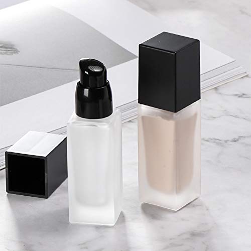 USRommaner 4 Pack,1 oz/30ml Matte Glass Essence Lotion Pump Bottle,Empty Square Cosmetic Container Travel Liquid Foundation Base Dispenser Vials with Pressure Pump Head and Lid