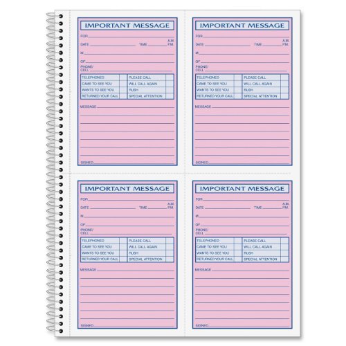 Adams Spiral Bound Phone Message Book, Carbonless Duplicate, 4 Messages per Page, 200 Sets per Book (SC1184D)