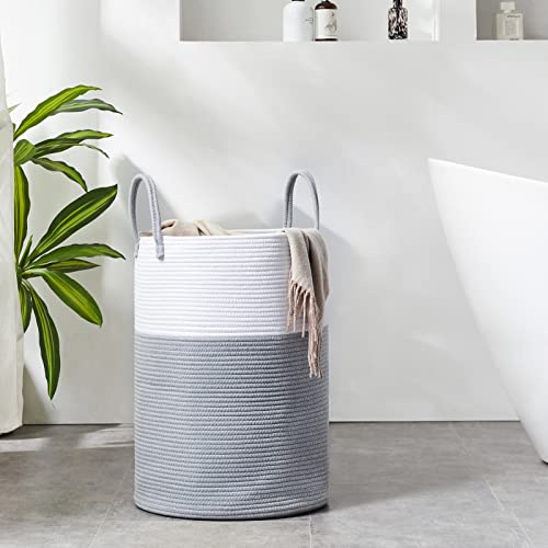Cotton Rope Laundry Hamper by YOUDENOVA, 58L - Woven Collapsible Laundry Basket - Clothes Storage Basket for Blankets, Laundry Room Organizing, Bedroom Storage, Clothes Hamper β Grey & White