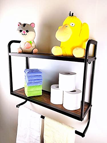 2-Tier Bathroom Shelves Wall Mounted,23.6"L x 7.87"W x 22.8"H, Rustic Wall Shelf Over Toilet,Towel Rack with Towel Bar,Utility Storage Shelf Rack, Floating Shelves Towel Holder,Retro Black