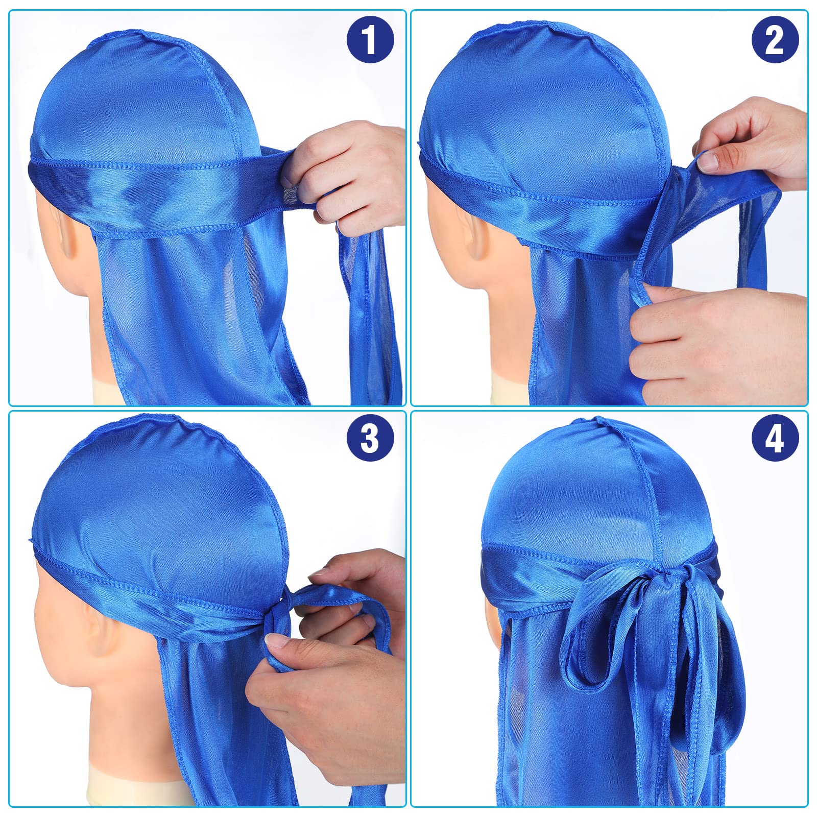 4 Pcs Kids Satin Durags Head Wrap Silk Durag Cap with Long Tail Wide Strap 360 Waves Cap Toddler Durags for Boy Girls (Black, Wine Red, Blue, Camouflage Blue)