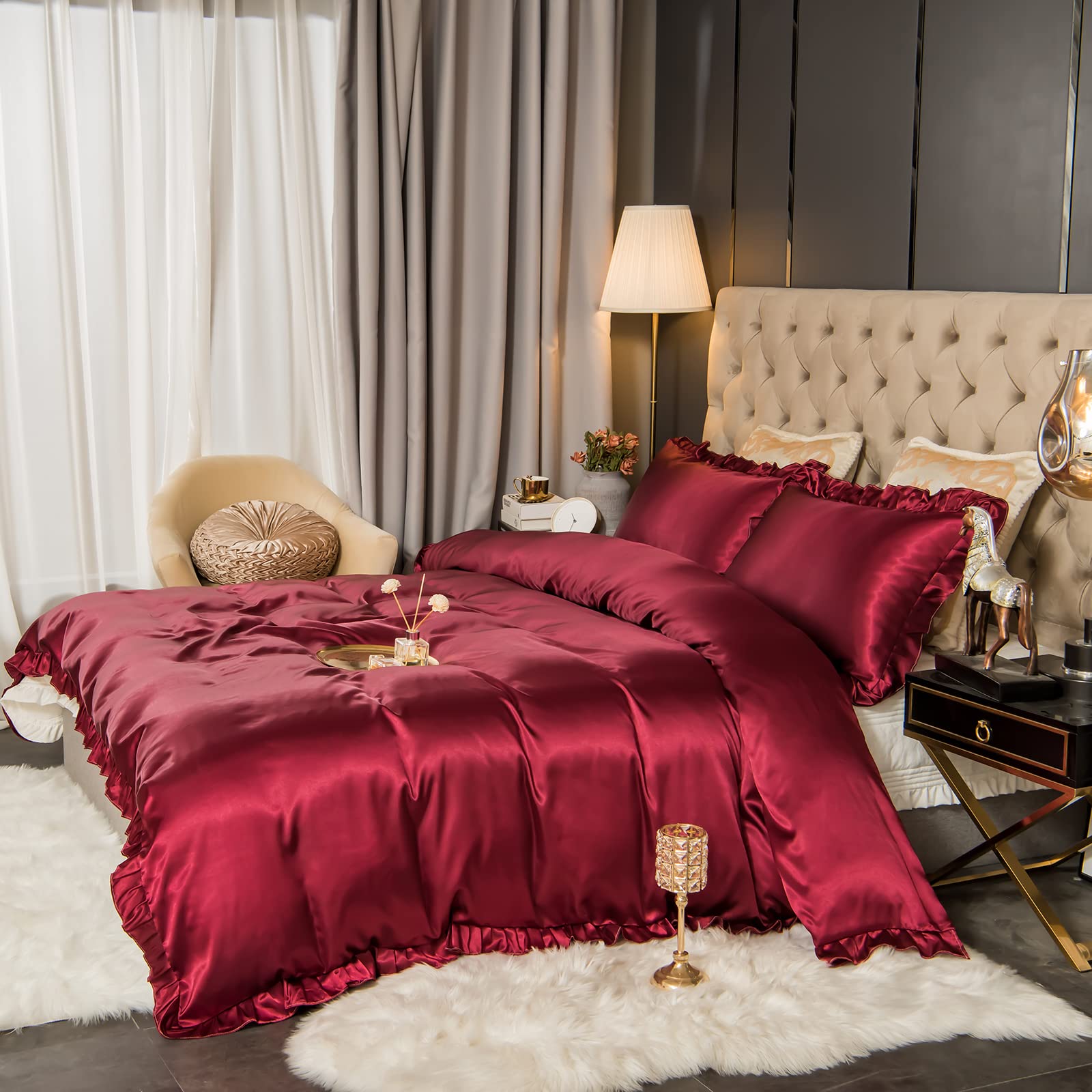 3 Pieces Satin Duvet Cover Silky Red Bedding Set Luxury Satin Lace Ruffled Fringed Super Smooth Soft Silk Like Microfiber Burgundy Red Duvet Cover Set Queen with 2 Pillowcases