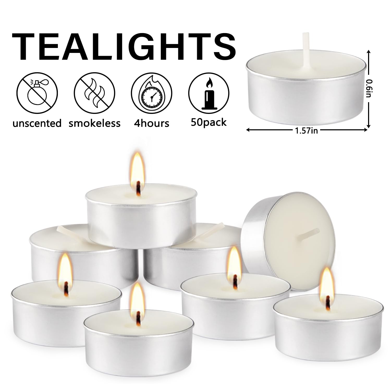 50-Pack Tea Lights Candles,White Unscented Smokeless Votive Little Candles for Anniversaries,Wedding,Birthdays,4 Hours