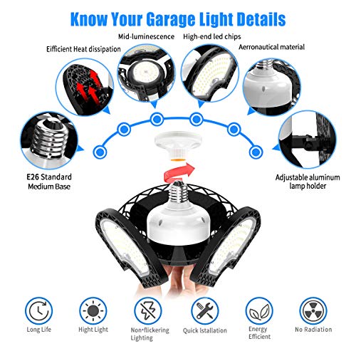 Dansny LED Garage Lights, 80W Deformable LED Garage Ceiling Lights 12000LM Led Shop Lights for Garage, Garage Lights with 3 Adjustable Panels, Utility Led Garage Lighting, LED Light Bulbs for barn etc