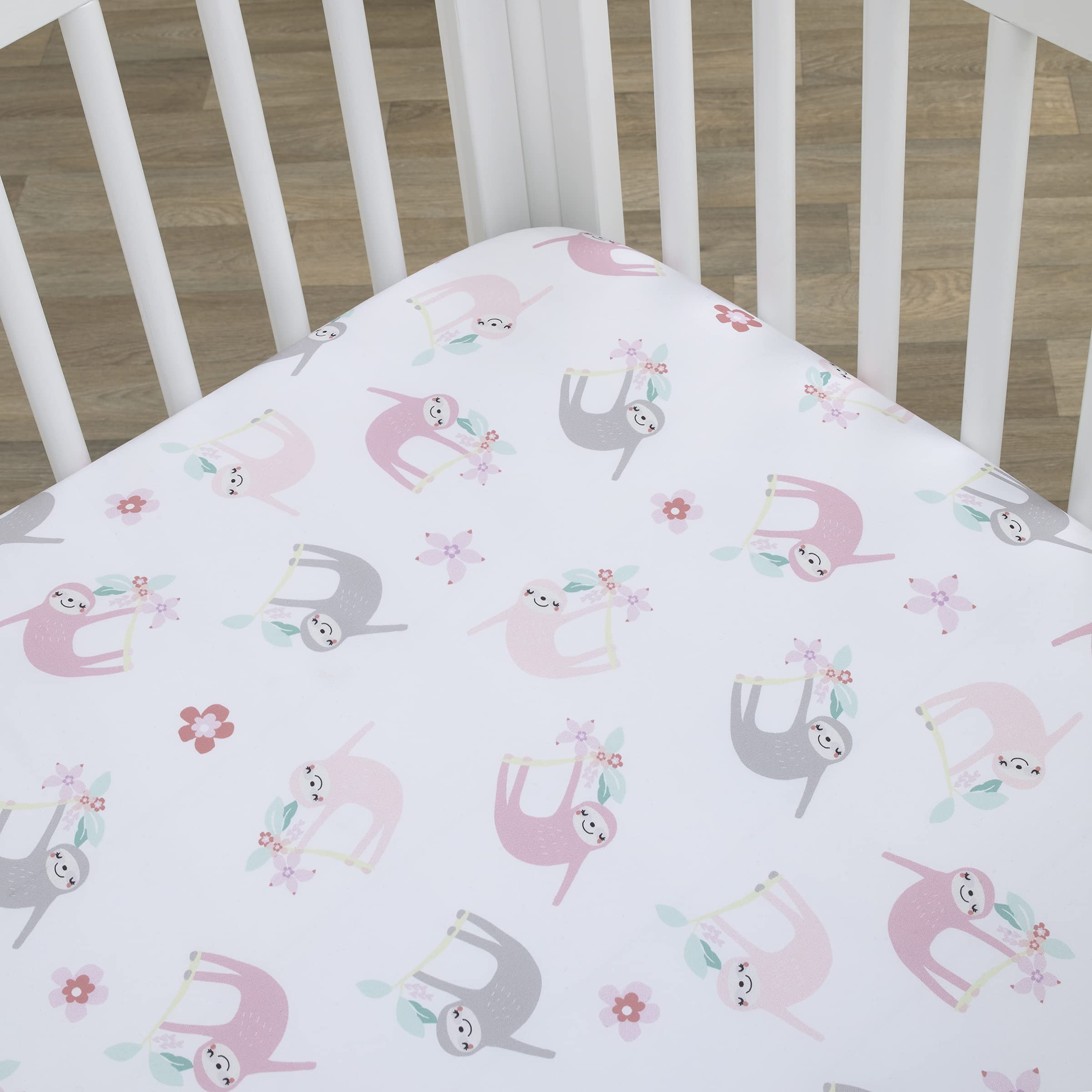 NoJo Little Love Tropical Garden Pink, Grey, and White Sloth Super Soft Fitted Crib Sheet