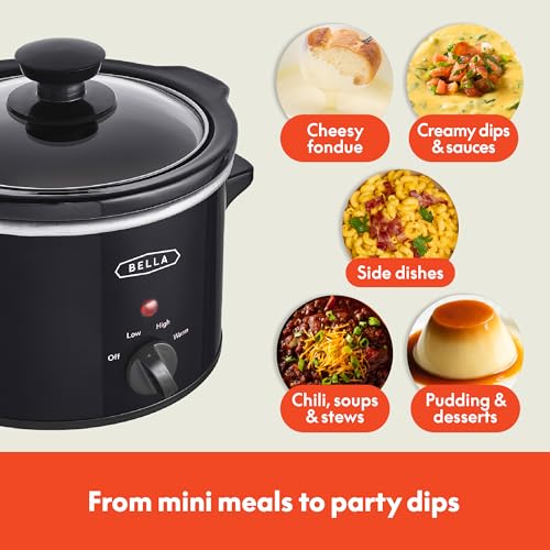 bella Electric Slow Cooker 1.5 Qt, Dishwasher Safe Removable Stoneware Pot and Glass Lid, Adjustable Temperature & Cool Touch Handles, Portable Mini Rice Cooker, Baby Food Steamer & Soup Warmer, Black