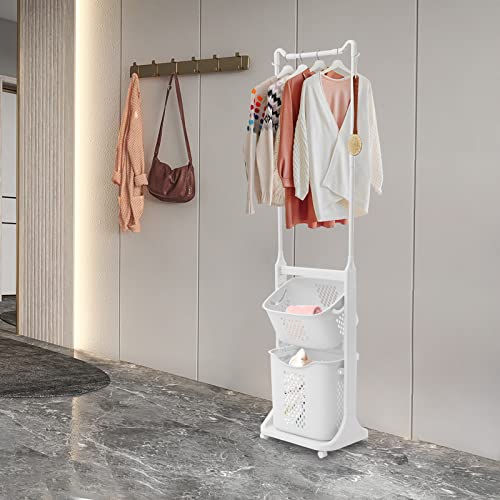 2-Tier Plastic Laundry Basket Laundry Hamper, Clothes Hamper with a thickened handle Shelf + Wheels Clothes Hamper Stands Up Well,Scope Of Application Bedroom/Balcony/Laundry Table(Off-White