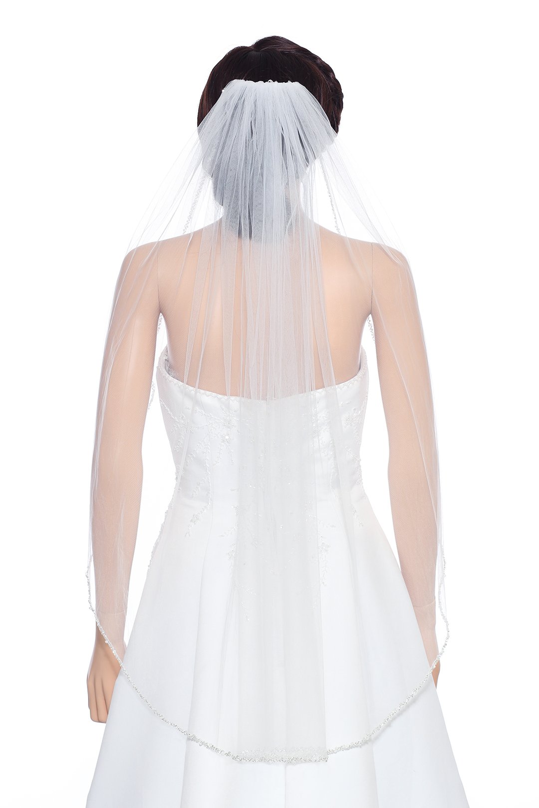 1T 1 Tier Crystals Pearls Beaded Wedding Veil (Elbow Length 30" Ivory)
