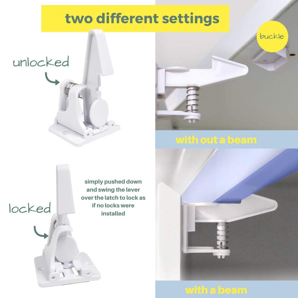 Baby Proofing Cabinet Locks (12 Pack) Includes Drawer Latch + 6 Wall Plug Covers - Adhesive Easy Installation Cabinet Locks For Babies (White)