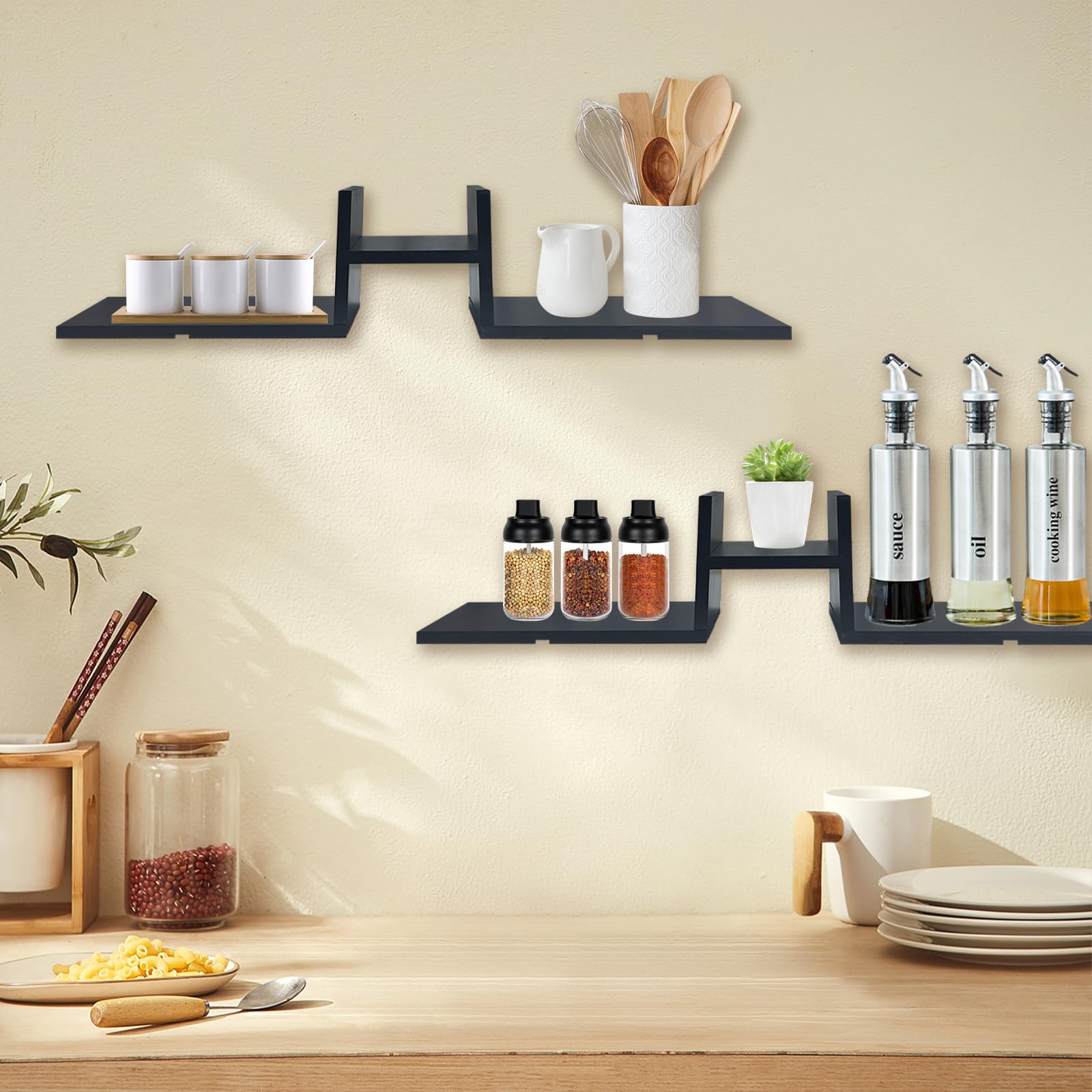 TopHand DIY Floating Shelves for Wall, Combinable Shaped Wooden Wall Floating Shelves, Rustic Wood Shelves for Wall Storage, for Bedroom, Living Room, Kitchen, Office (Rustic Brown)