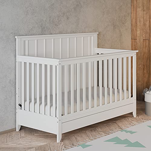 STORKCRAFT Forrest 5-in-1 Convertible Crib with Drawer (White) β GREENGUARD Gold Certified, Crib with Drawer Combo, Full-Size Nursery Storage Drawer, Converts to Toddler Bed, Daybed and Full-Size Bed