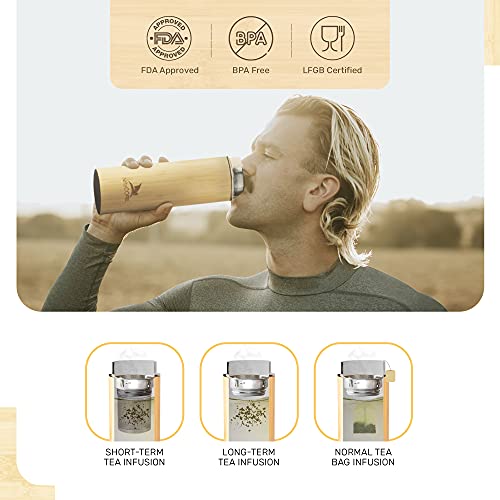 Bamboo Tumbler with Tea Infuser Bottle Loose Leaf Strainer – Advanced Double Insulated Stainless Steel Travel Thermos - Best Gift for Tea Lovers - Leak-Proof Hot Coffee Mug, Fruit Water Bottle (17 oz)