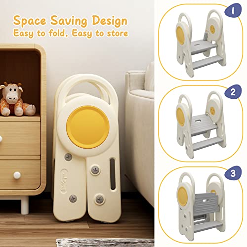 BanaSuper Foldable Toddler Step Stool with Safety Handrail for Kitchen Counter Bathroom Sink Kids Adjustable Toilet Potty Training Stool Children Step Ladder Learning Helper with Non-Slip Pads(Yellow)