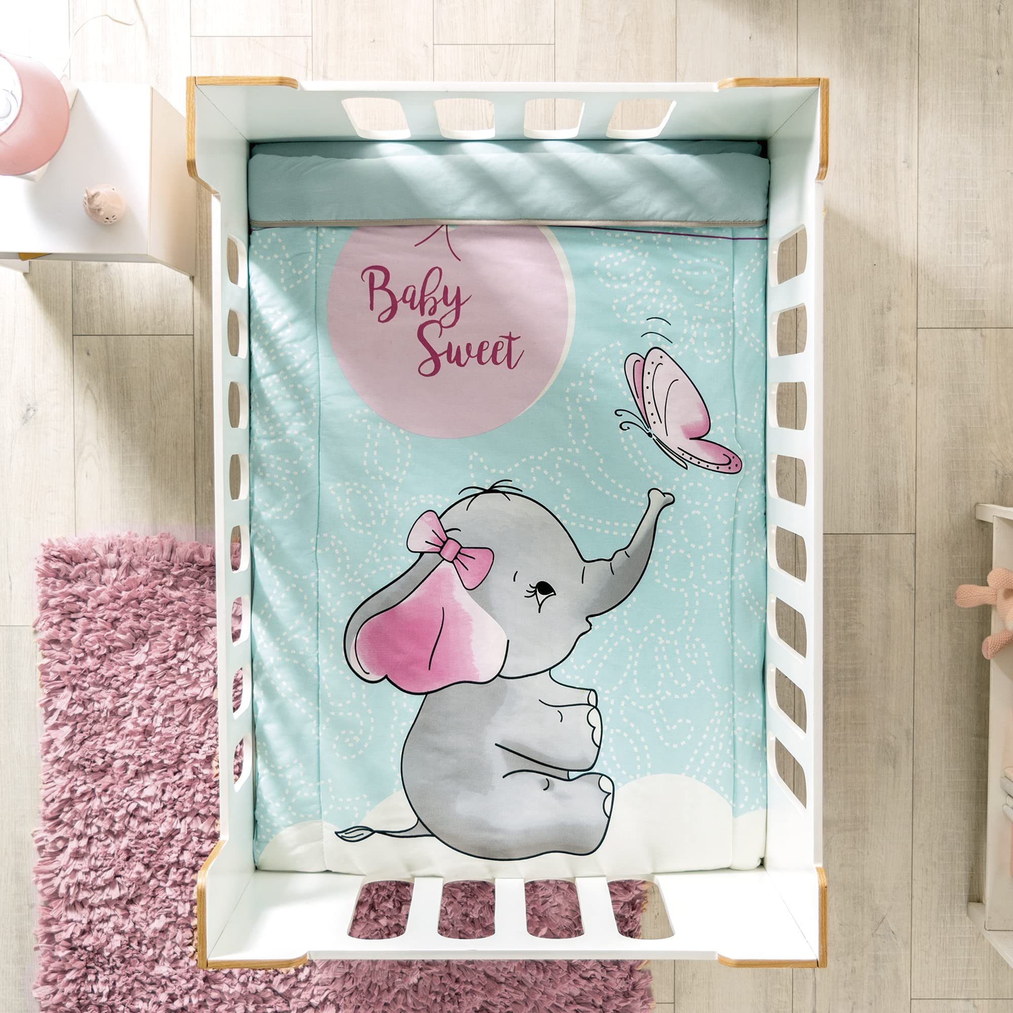DreamPartyWorld Elephant Crib Bedding Set 4 Pieces for girl with Comforter Fitted Sheet Crib,Lovely Nursery Crib Sets for Baby Butterfly,Green