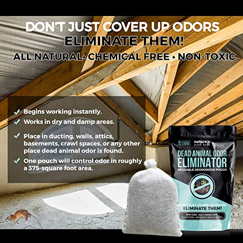 Dead Animal Smell Removal Reusable Deodorant Pouch. Eliminate dead Animal Smell Without Scent. Decay Odor Remover. Fragrance Free. Pet and Kid Safe. Extra Large, Covers 375 Square Feet.