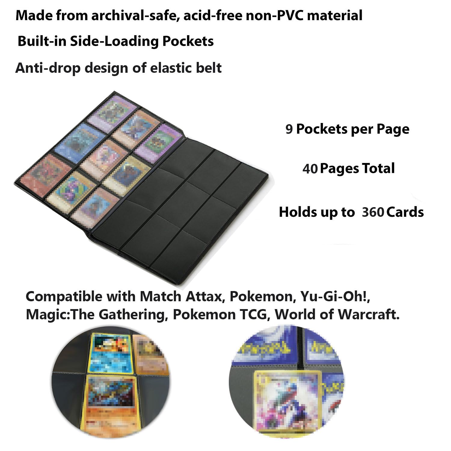 360 Pockets Trading Card Sleeves, Side Loading Pocket Binder, Album Pages Card Collector Coin Holders Wallets Sleeves Set (Black 360)