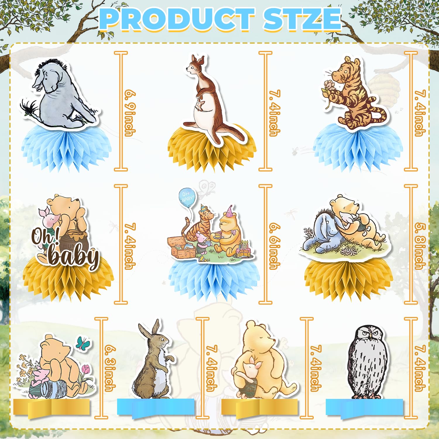 10pcs Classic Winnie Centerpieces Decorations, Oh Baby Table Decorations The Pooh Centerpieces for Cute Cartoon Baby Shower Party Decor