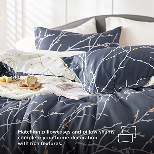 Bedsure Twin Comforter Set - Twin Bed Set 5 Pieces, Reversible Navy Blue Bed in a Bag Tree Branch Pattern Printed with Comforter Twin Size, Sheets, Pillowcase & Sham