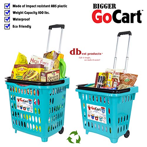 dbest products Bigger GoCart Grocery Cart Rolling Shopping Laundry Basket on Wheels Hamper with Telescopic Handle Cleaning Caddy Trolley, Teal, Bigger 1 pack