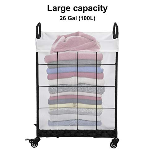 Laundry Hamper with Heavy Duty Rolling Lockable Wheels; Durable Laundry Basket with Detachable Liner Bag; Collapsible Clothes Hamper with Metal Handle (White)