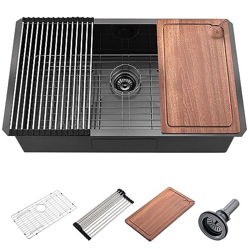 28 Inch Matte Black Kitchen Sink Undermount, Wesliv 28x19 Inch Undermount Matte Black Kitchen Sink 16 Gauge Deep Large Single Bowl Kitchen Sink with Cutting Board & Bottom Rinse Grid