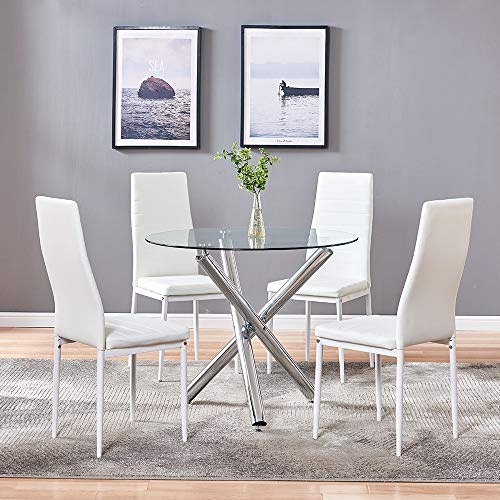 Dining Table with Chairs Set,4HOMART YVONNE&F.L.A.M. 5PCS Round Glass Table Set Modern Tempered Glass Top Table with 4 PU Leather Chairs Dining Room Furniture