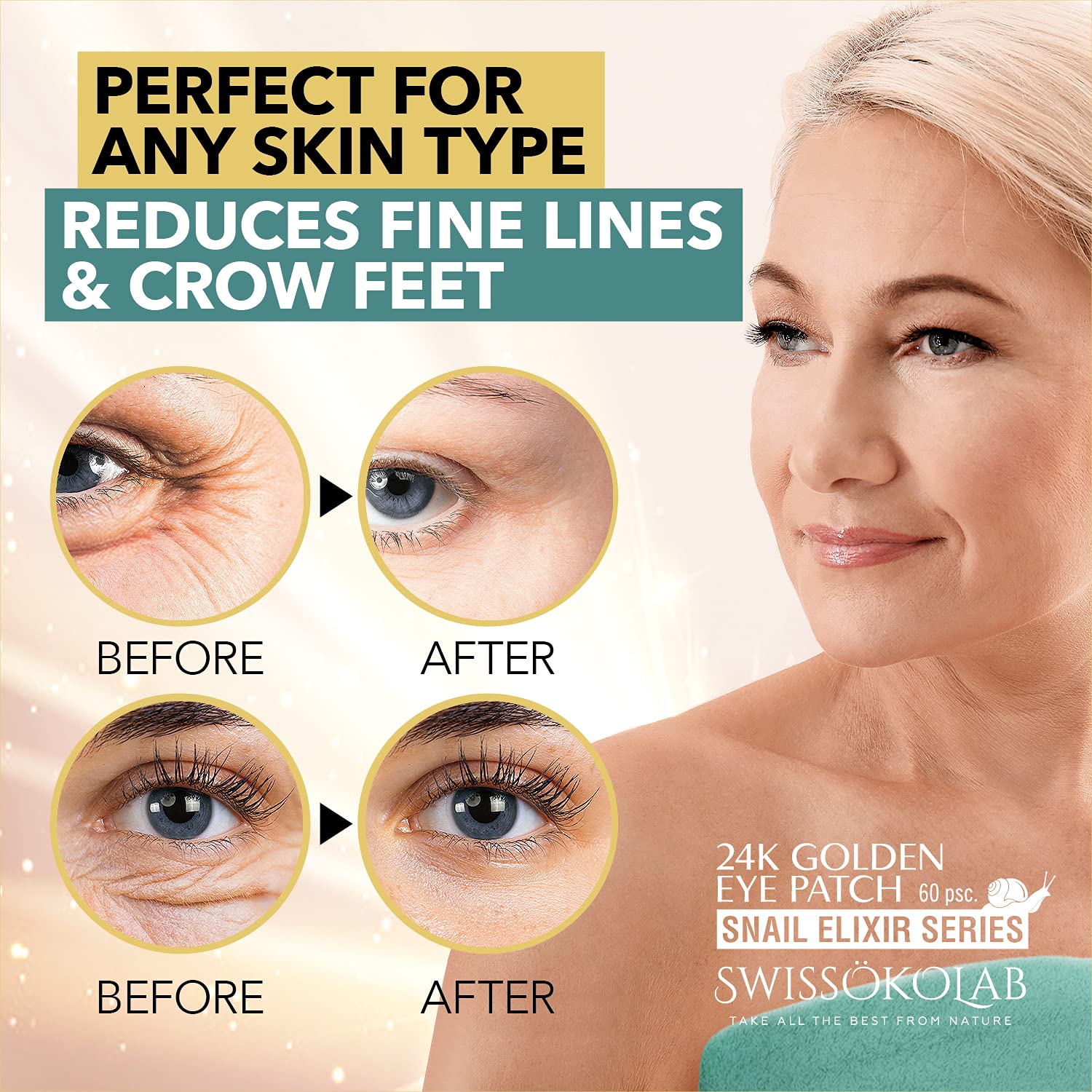 SWISSÖKOLAB Under Eye Patches For Puffy Eyes 24k Gold Eye Mask Dark Circles And Puffiness Collagen Eye Gel Pads Moisturizing & Reducing Wrinkles Anti-Aging Hyaluronic Acid (Snail Series)