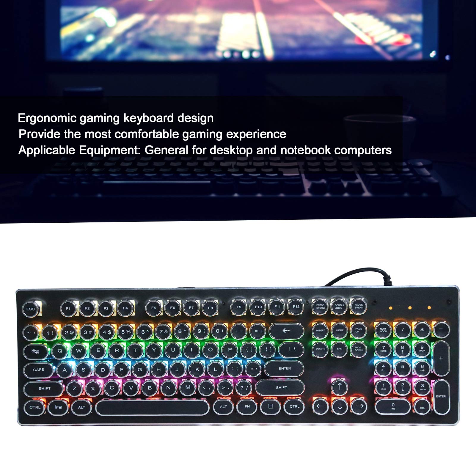 Junlucki Mechanical Gaming Keyboard, 104 Keys Retro Wired Ergonomic Round Key Keyboard Illuminated Click with Mixed Light Tenkeyless for DesktopLaptopComputers(Black)