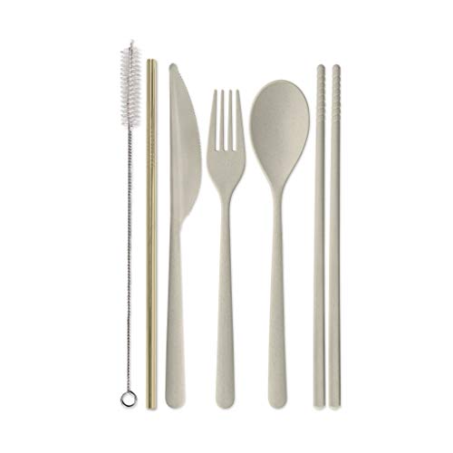 Designworks Ink Reusable Cutlery Set Utensils for Lunch Box, 7-Piece, Ochre - Fork Yeah! Includes Plastic Flatware with Forks, Spoon, Knife, Chopsticks, Metal Straw in Portable Travel Case