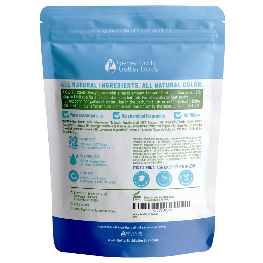 Athlete Bath Salt 32 Ounces Epsom Salt with Natural Lavender, Pine, Peppermint and Eucalyptus Essential Oils Plus Vitamin C in BPA Free Pouch with Easy Press-Lock Seal
