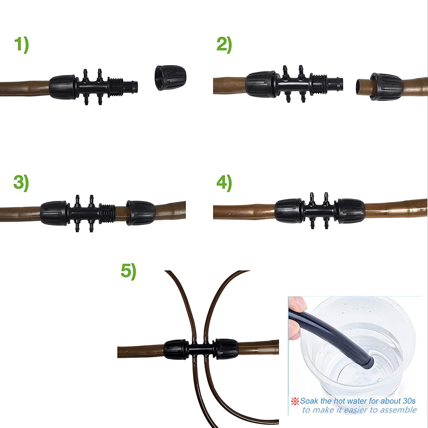 25PCS Drip Irrigation Kits, 5 Barbed Tee 1/2 inch to 1/4 inch Irrigation Tube Variable Diameter Six-Way Adapter and 20 Dripper Emitters Sprayer for 4mm/7mm Hose with Stake Water Flow Adjustable