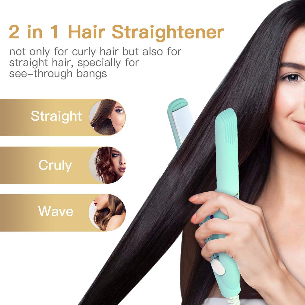 2 in 1 Mini Bangs Hair Straightener Beauty Flat Iron Heating Curler Ceramic Tourmaline Plate Wave Straightener (Green)