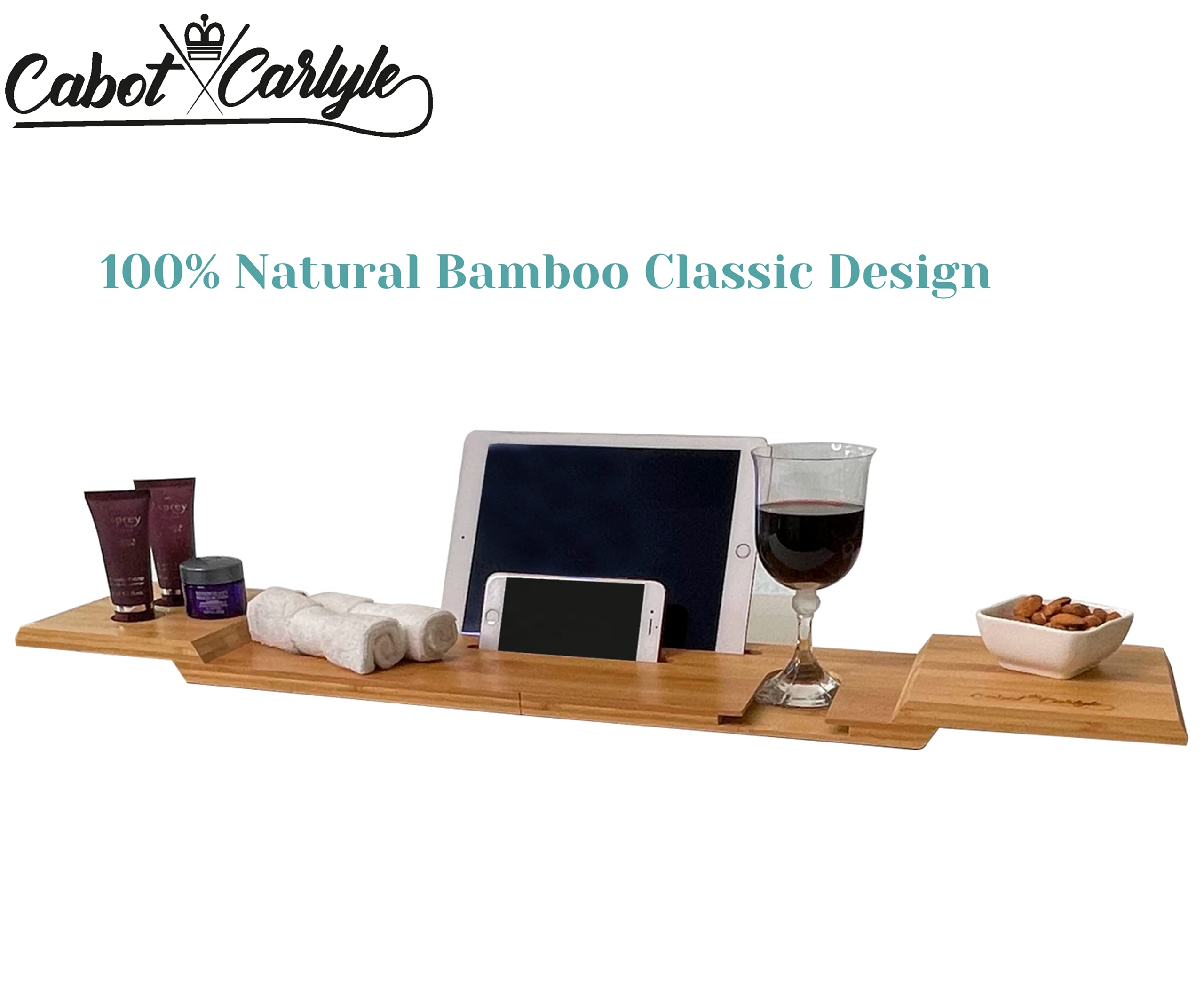 Cabot & Carlyle Luxury Bath Caddy Tray for Tub | Bath Table | Premium Bamboo Bathtub Tray for Tub | Fits All Bath Accessories Wine Glass, Books, Tablets, Cellphones, Shampoo | Bath Shelf Foldable.