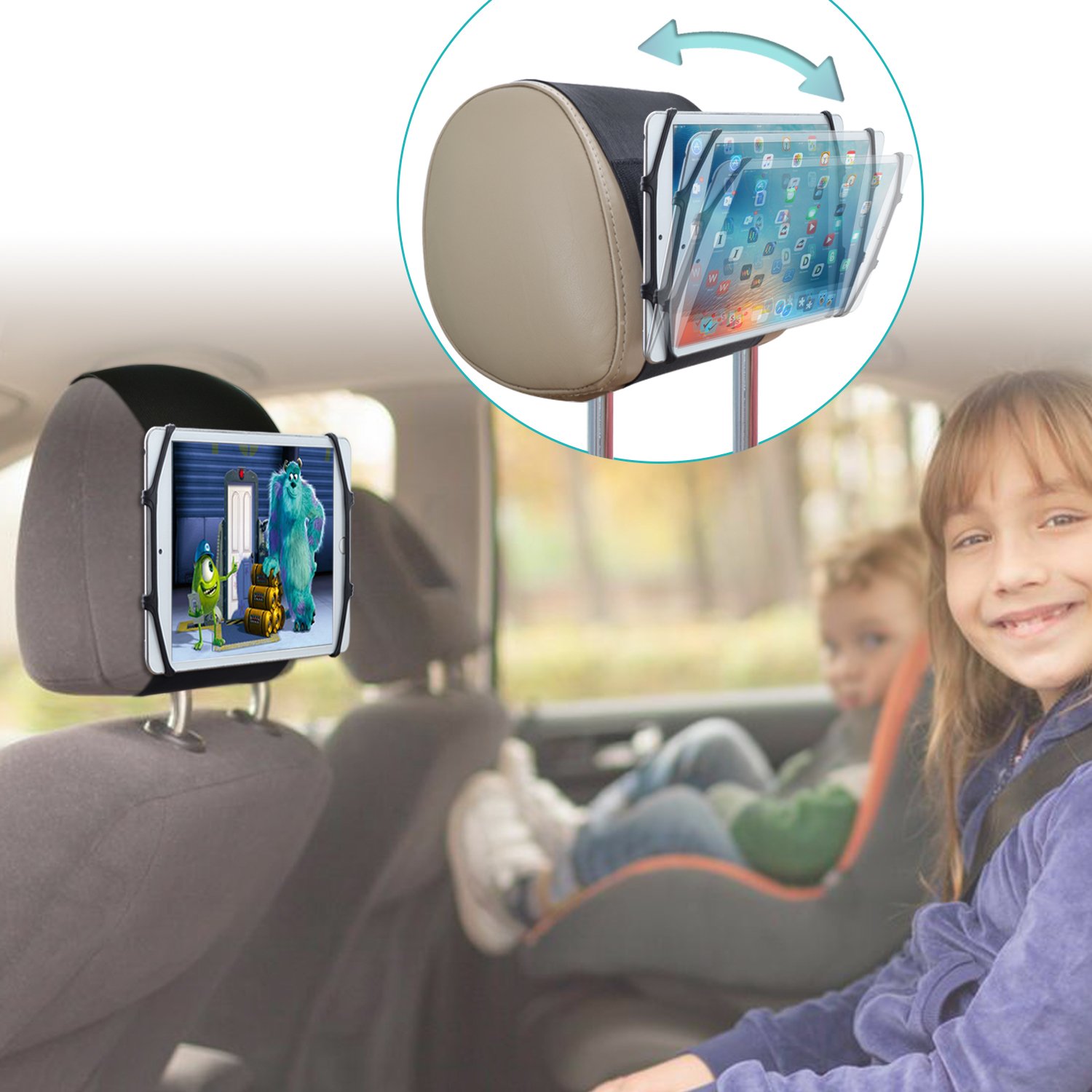 TFY Car Headrest Mount for 7-10 inch Fire, Fire HD, Kids Edition Tablets, Angle Adjustable Holder with Silicon Holding Net