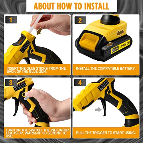 2AH Battery Cordless Hot Glue Gun for Dewalt, Suitable for Dewalt 18V Max Lithium-ion Battery, for Arts & DIY & Repairs, 30s Quick Preheat Hot Melt Glue Gun with 30 Pcs Glue Sticks(7 * 150mm)