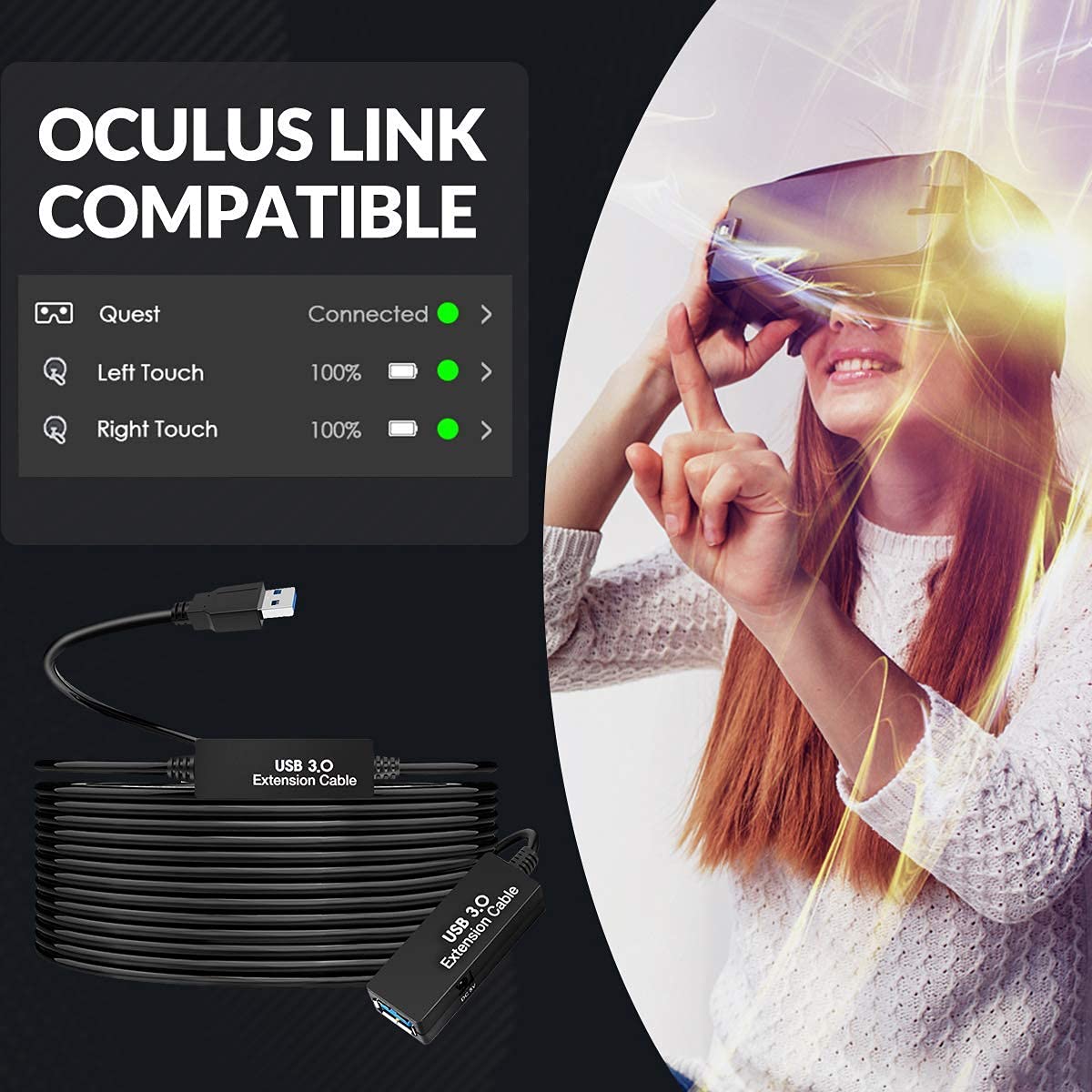 50FT USB 3.0 Extension Cable,Active USB 3.0 Extension Cable A-Male to A-Female,USB 3.0 Extension Cord,with 5V/2A Power Adapter,Compatible Oculus Quest 2 VR, Xbox, PS4 and More, (Black-50Feet)