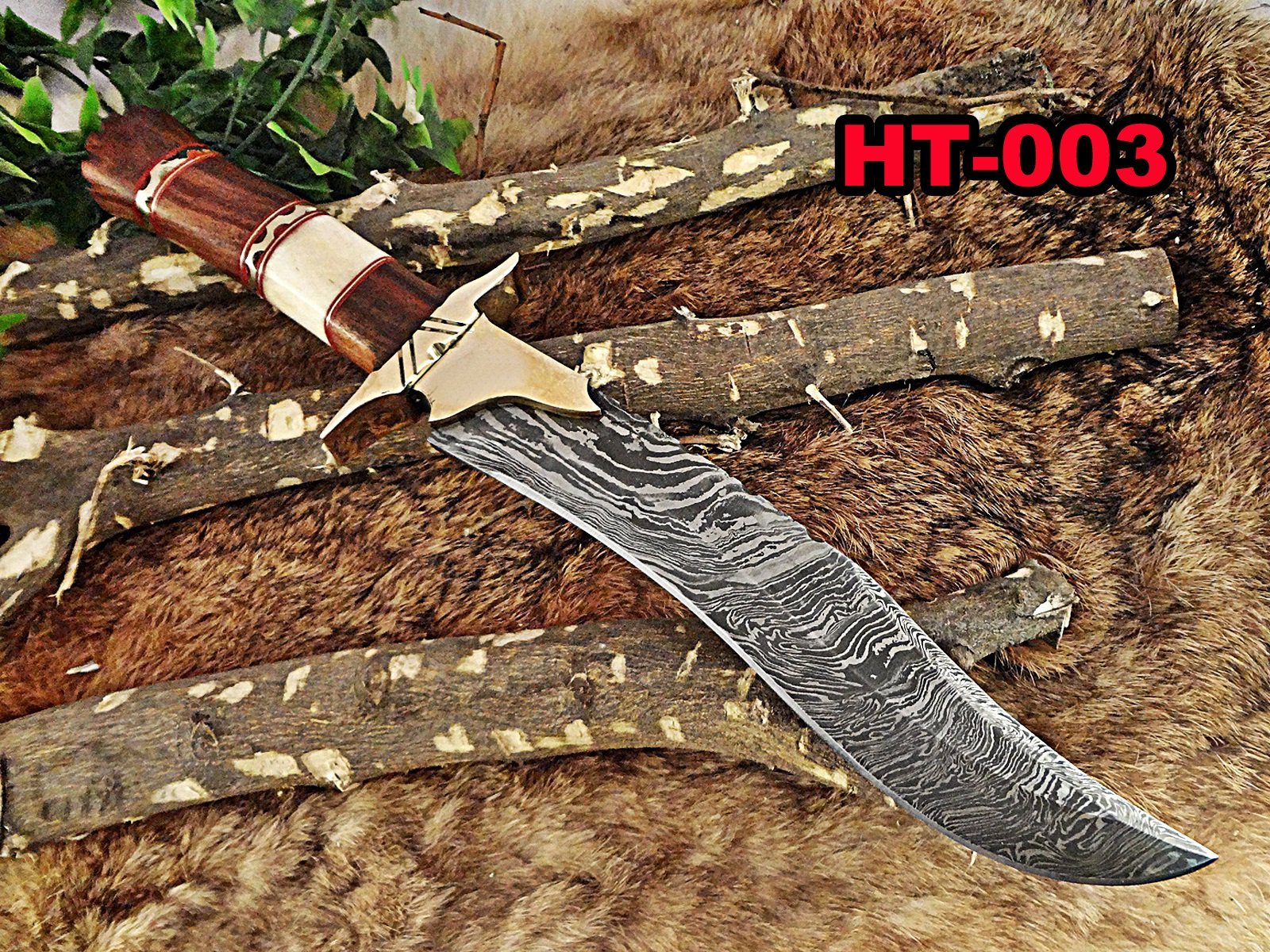 15" Long hand forged Damascus steel hunting Knife, Natural camel Bone and Walnut wood with engraved brass handle, Cow hide Leather sheath with belt loop